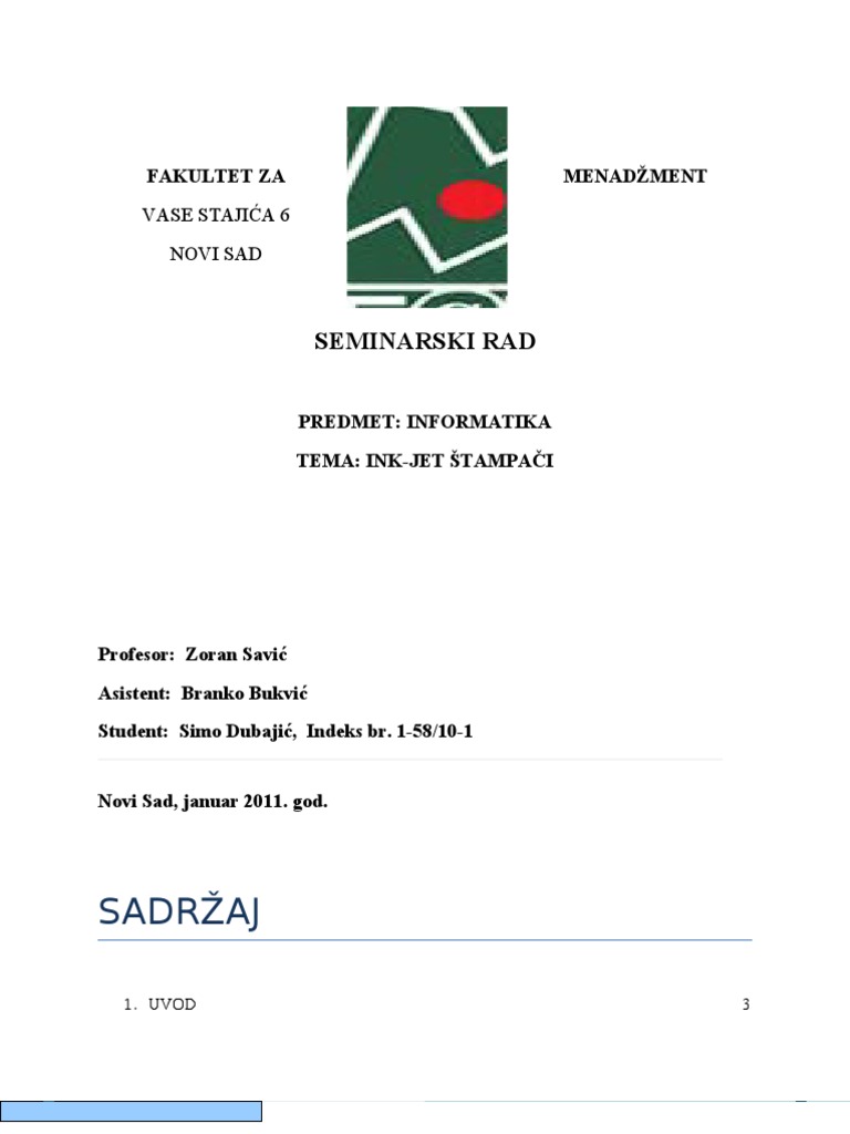 Seminarski Rad - Informatika - Inkjet Štampači | PDF