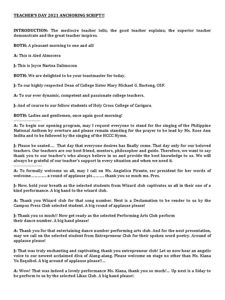 Teachers Day Anchor - Script | PDF