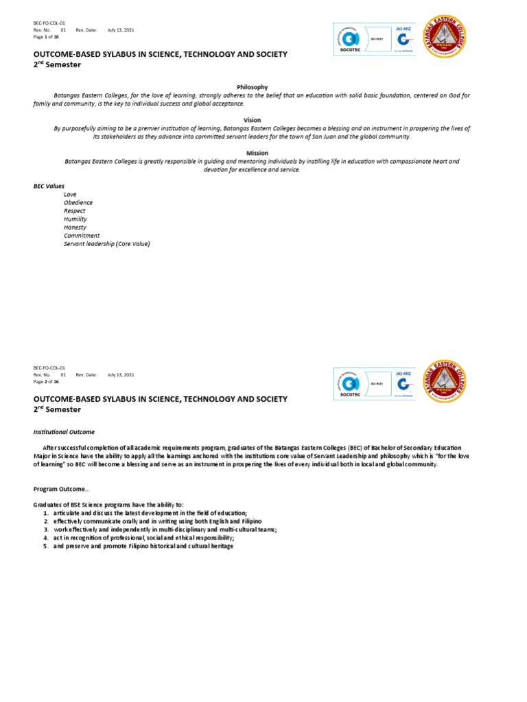 Outcome-Based Science Syllabus 7-10 | PDF | Science | Lesson Plan