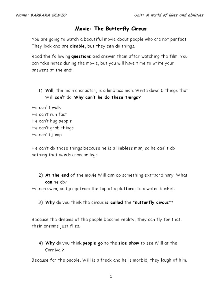 Movie: The Butterfly Circus: Name: Barbara Gemio Unit: A World of Likes ...