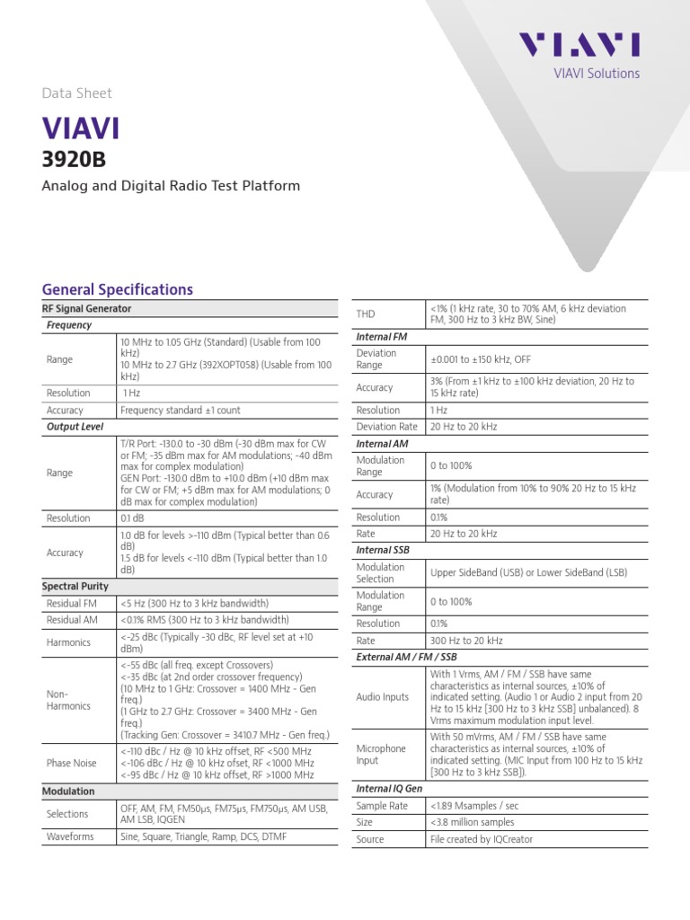 VIAVI 3920B Radio Test Platform Specs | PDF | Frequency Modulation ...