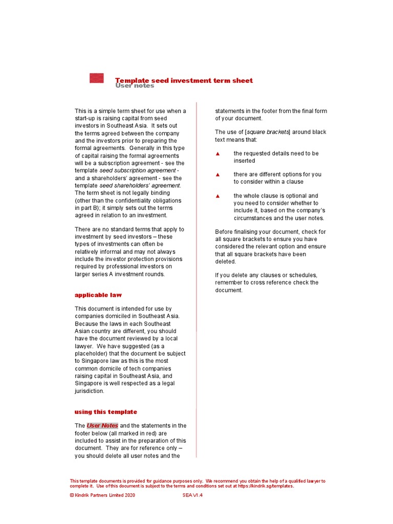 Template Seed Investment Term Sheet: User Notes | PDF | Stocks | Business