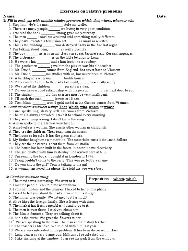 Relative Pronoun Exercises Worksheet | PDF
