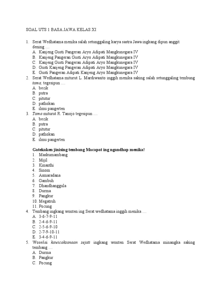 Soal Uts 1 Basa Jawa Kelas Xi | PDF | Writing | Java