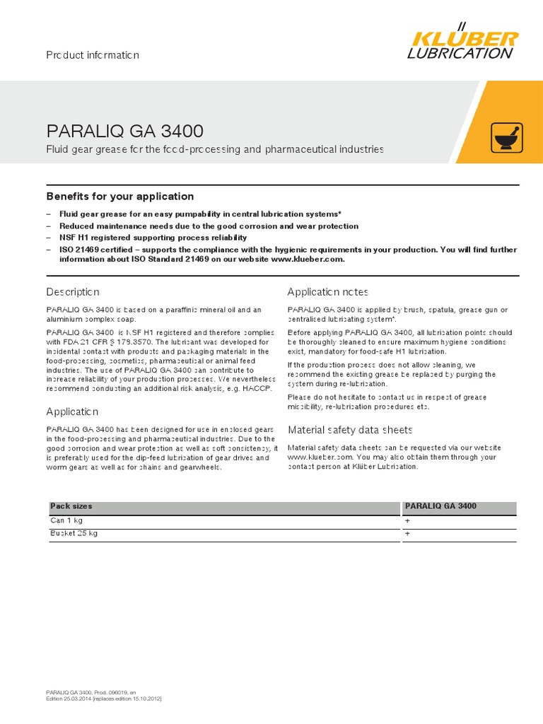KLUBER PARALIQ GA 3400 - Pds | PDF | Lubricant | Hazard Analysis And Critical Control Points
