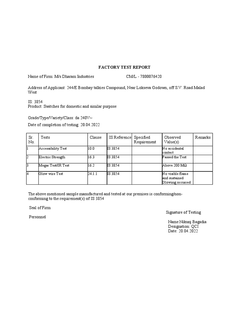 Factory Test Report | PDF
