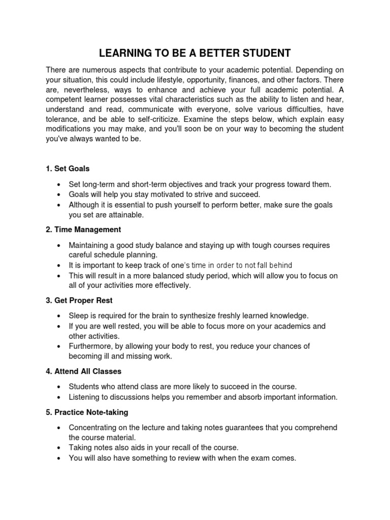Tips for Becoming a Better Student | PDF | Goal | Learning