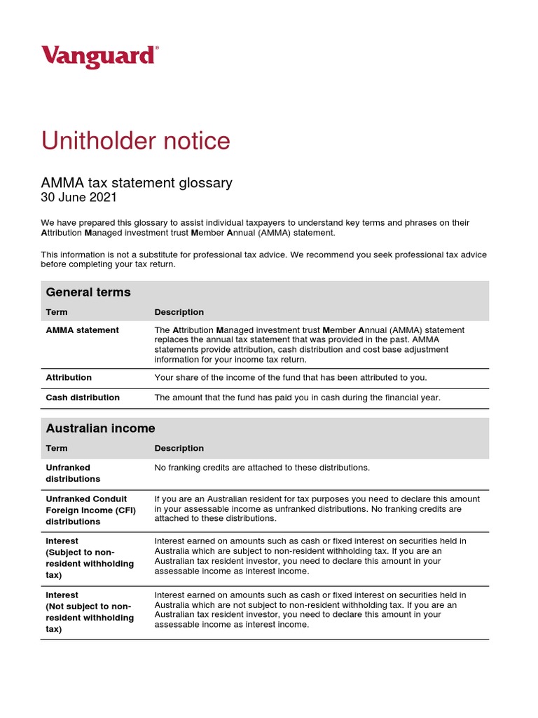 AU-Unitholder-notice-Vanguard AMMA Tax Statement Glossary | PDF ...