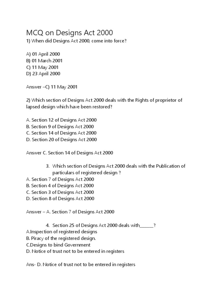 MCQ On Designs Act 2000 | PDF