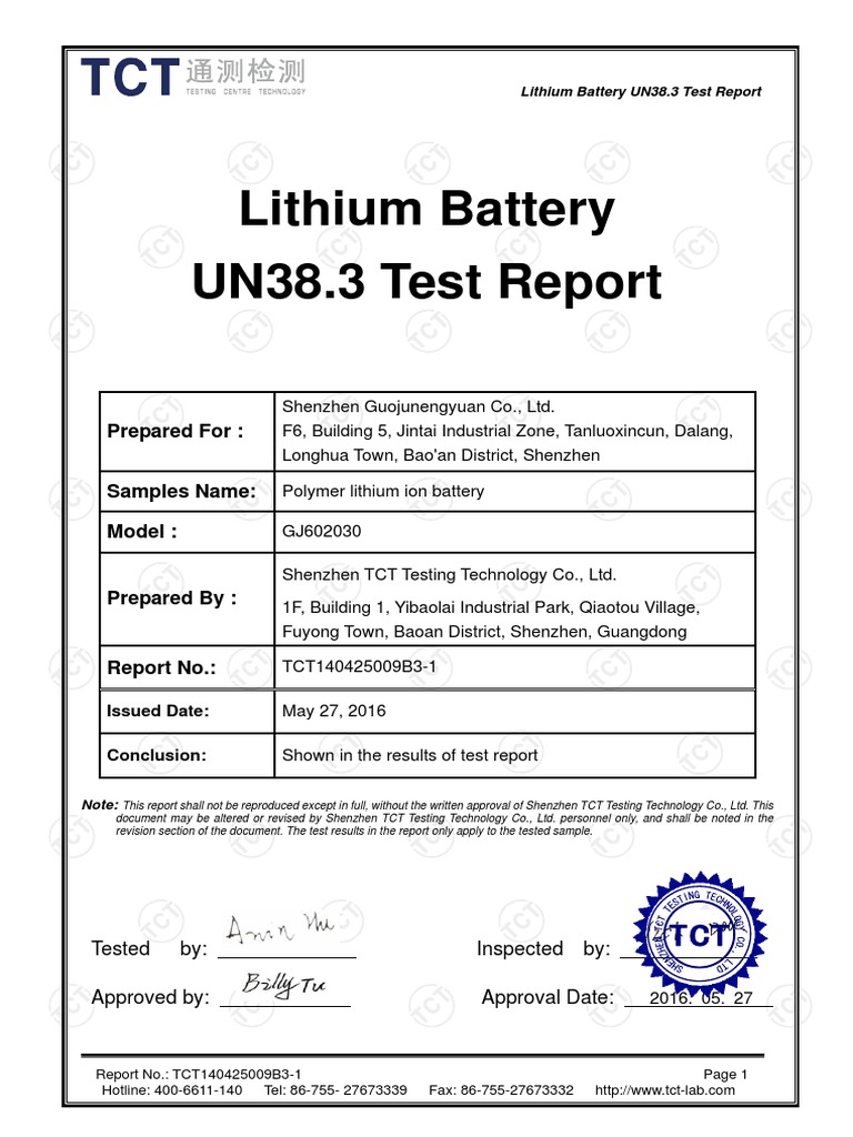 Lithium Battery UN38.3 Test Report: Prepared For | PDF | Rechargeable ...