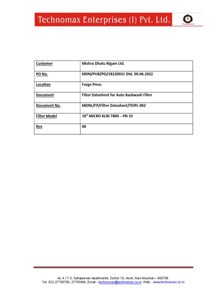 Filter Data Sheet - MKLN 7800 | PDF | Filtration | Electricity