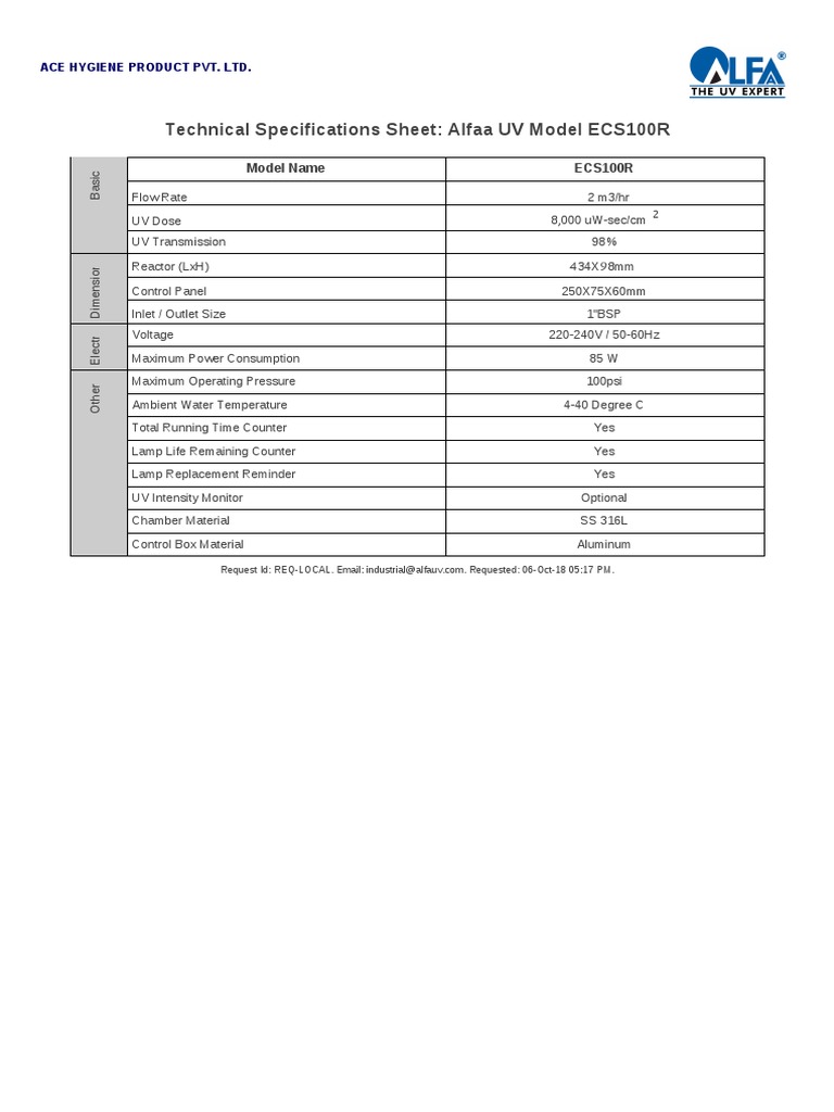 Alfaa UV ECS100R Technical Specs Sheet | PDF | Energy Technology ...