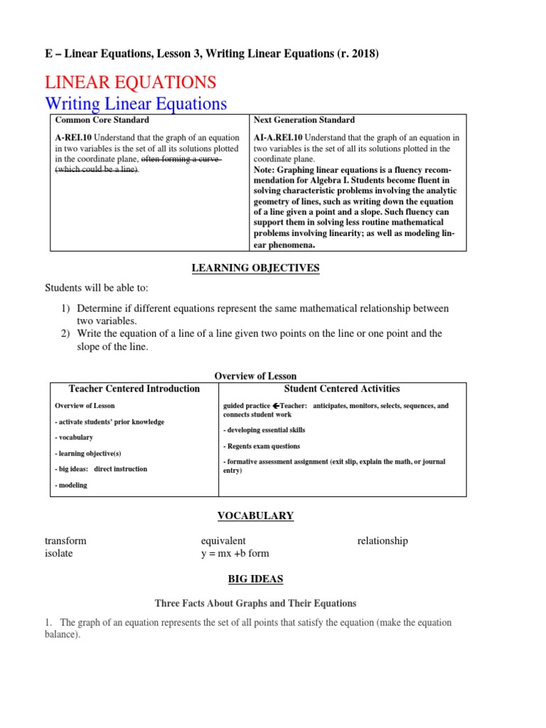 Writing Linear Equations: Determining Equivalent Forms and Writing the ...