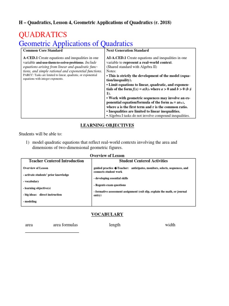 Geometric Applications of Quadratics | PDF | Area | Quadratic Equation