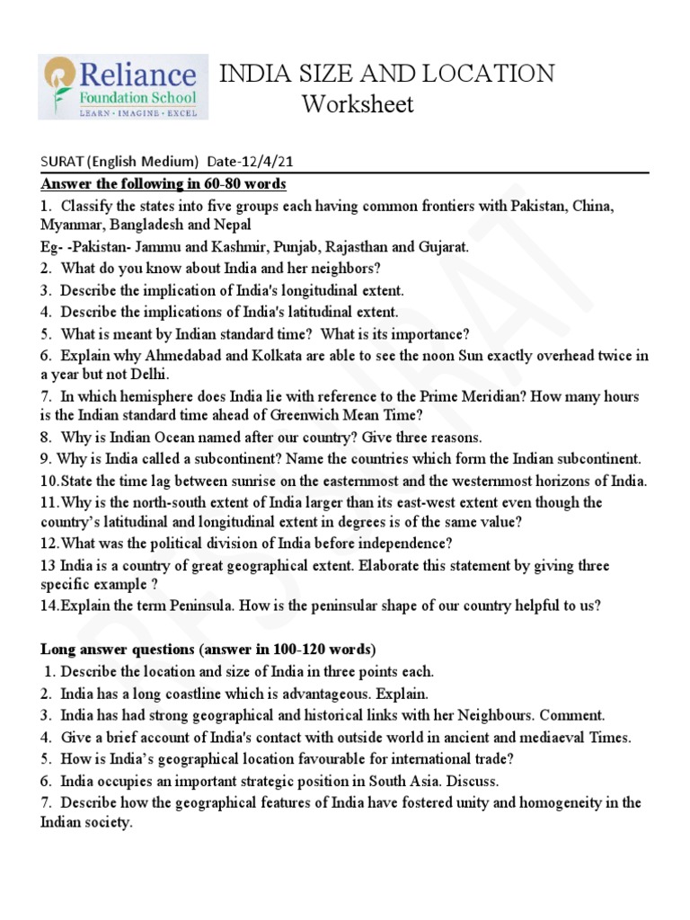 Worksheet Geo-India Size and Location | PDF