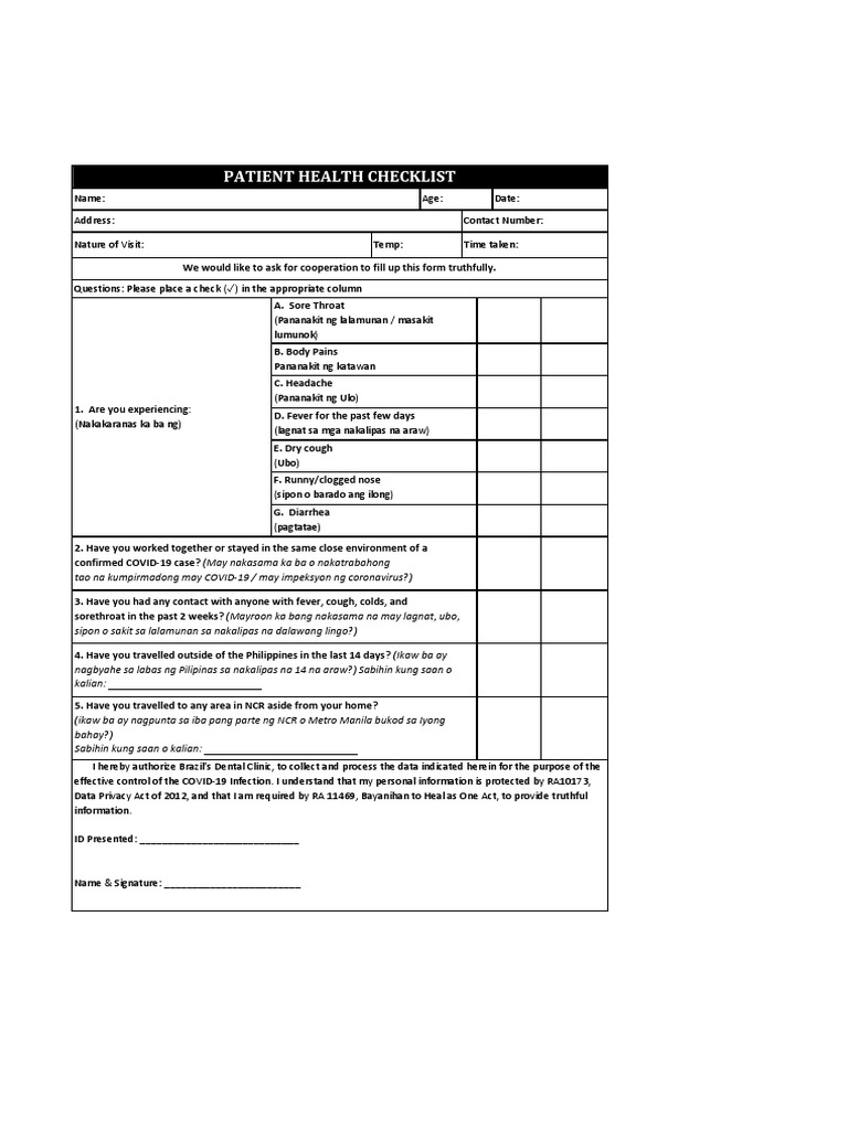 Patient Health Checklist | PDF | Health Sciences | Medicine
