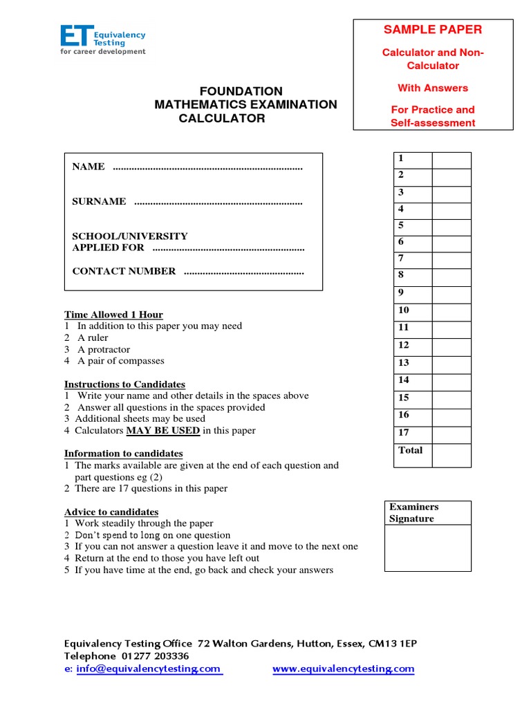 Foundation Mathematics Exam Sample Paper | PDF