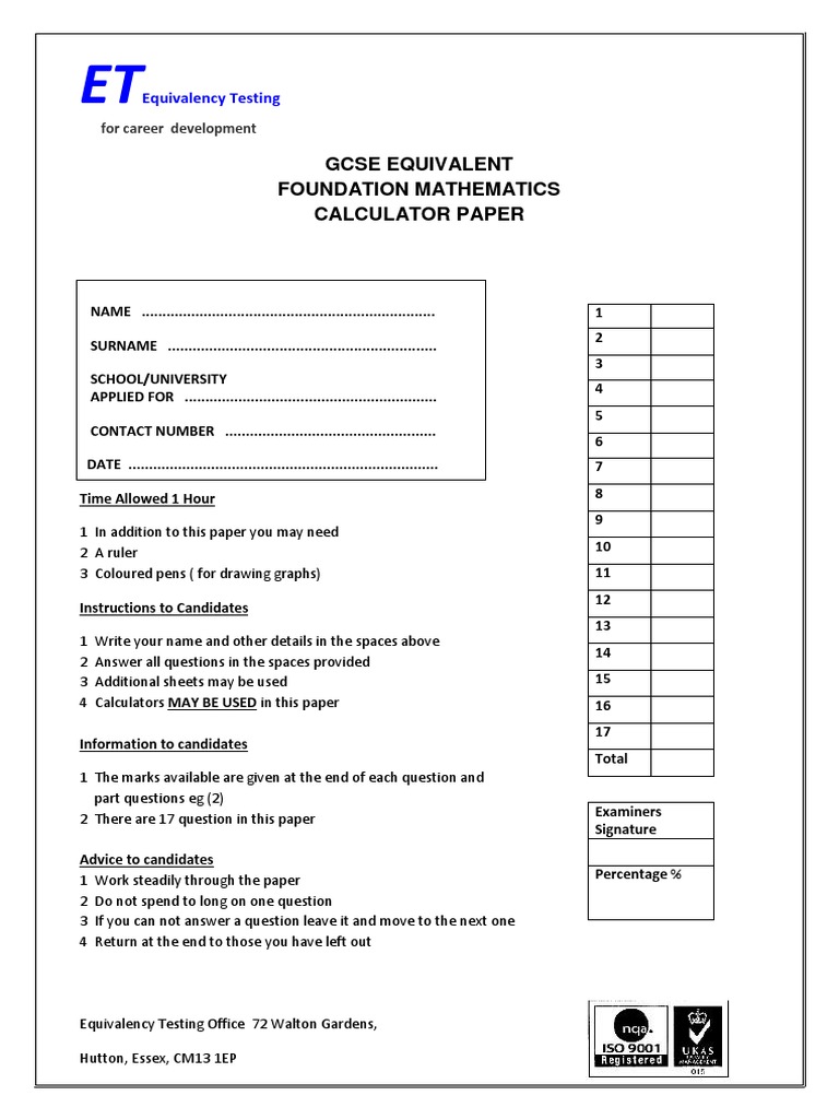 Gcse Equivalent Foundation Mathematics Calculator Paper: Equivalency ...