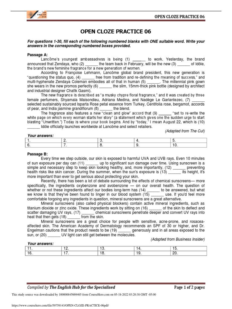Open Cloze Practice 06 PDF | PDF