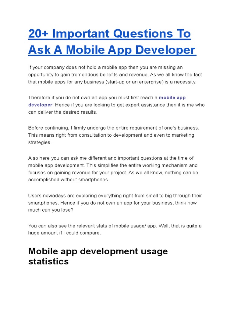 20+ Important Questions To Ask A Mobile App Developer | PDF | Web ...