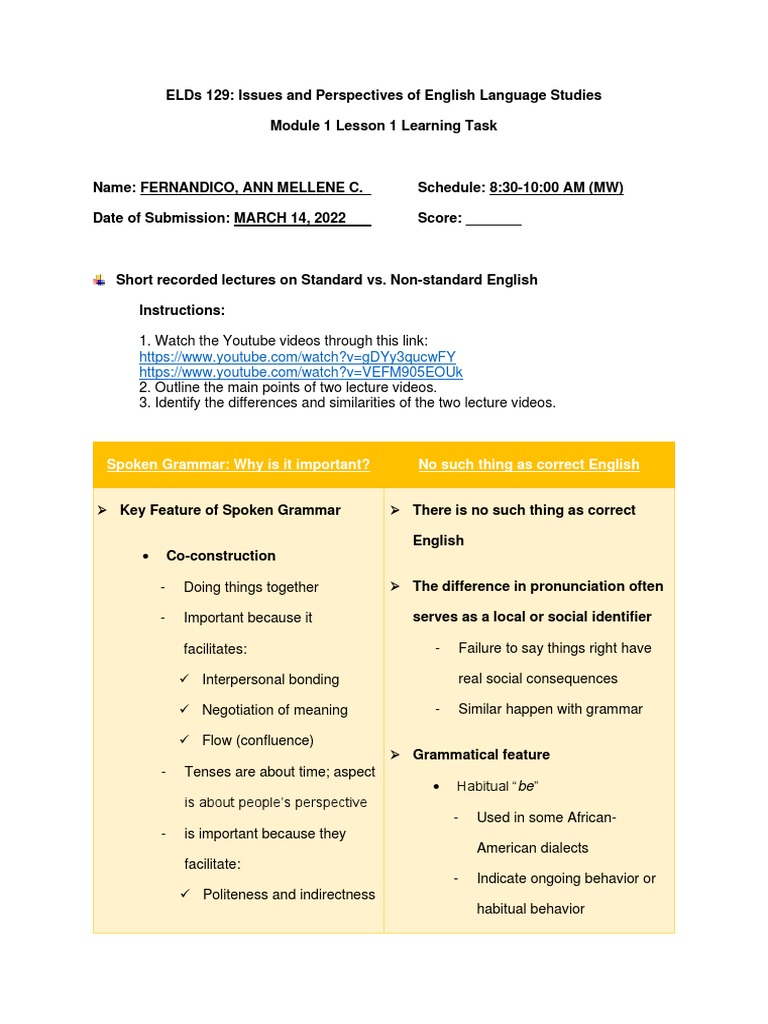 ELDs 129 Module 1, Lesson 1.1 Learning Task Fernandico, Ann Mellene C ...
