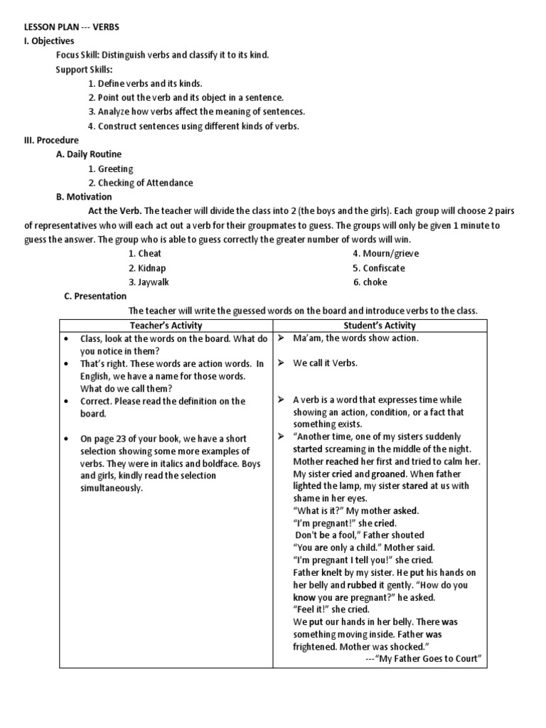 Grade 3 Verb Lesson Plan | PDF | Verb | Subject (Grammar)