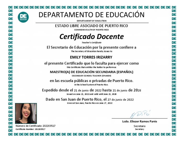 Departamento de Educación: Certificado Docente | PDF