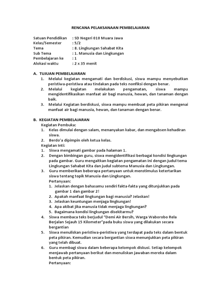 RPP Tema 8 Sub Tema 1 Kelas 5 | PDF