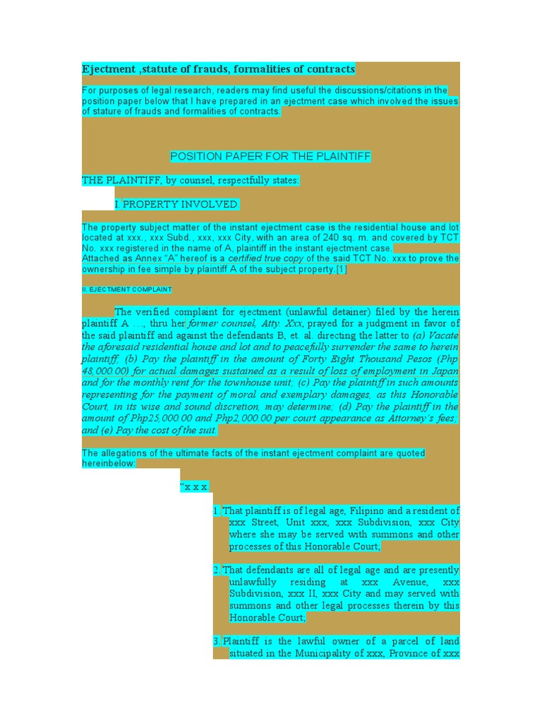 Dokumen - Tips Position Paper For Plaintiff Ejectment Case | Download Free PDF | Lawsuit | Lease