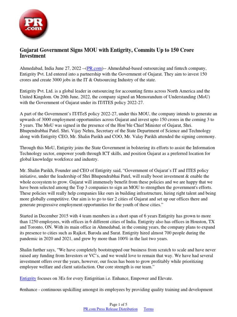 Gujarat Government Signs MOU With Entigrity, Commits Up To 150 Crore ...