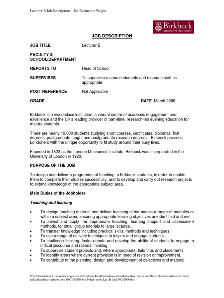 Job Description: Job Title Faculty & School/Department Reports To ...