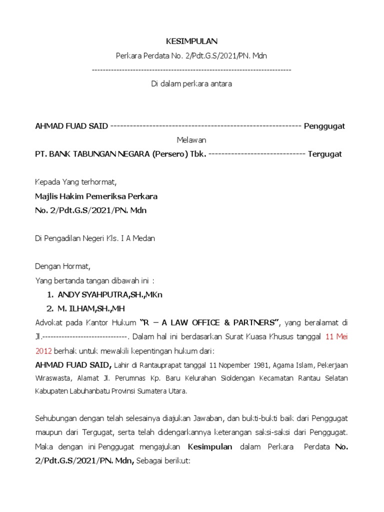 Kesimpulan Perkara Perdata 2/Pdt.G.S/2021 | PDF | Hukum