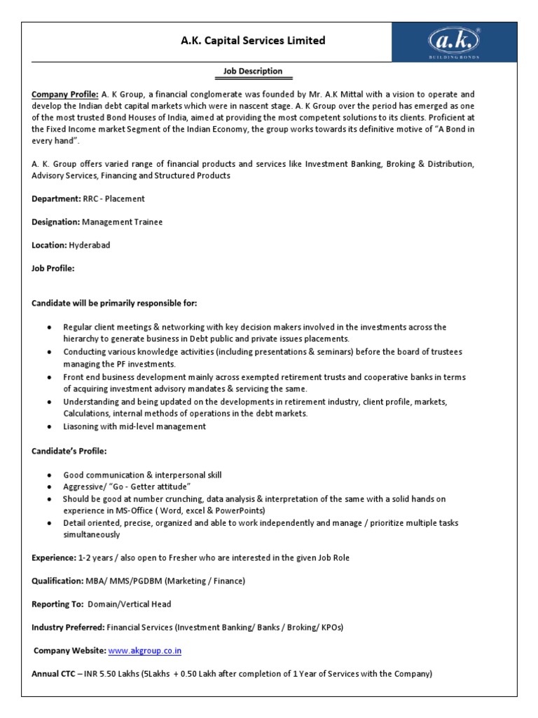 Job Description - RRC - Placement | PDF | Banks | Investment Banking