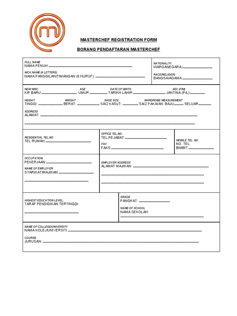 Masterchef Registration Form Borang Pendaftaran Masterchef | PDF ...