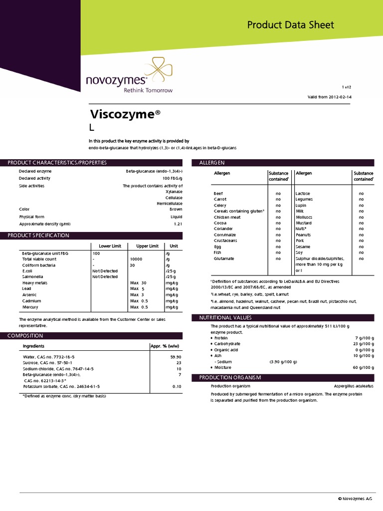 Viscozyme: Product Data Sheet | PDF | Hazard Analysis And Critical ...