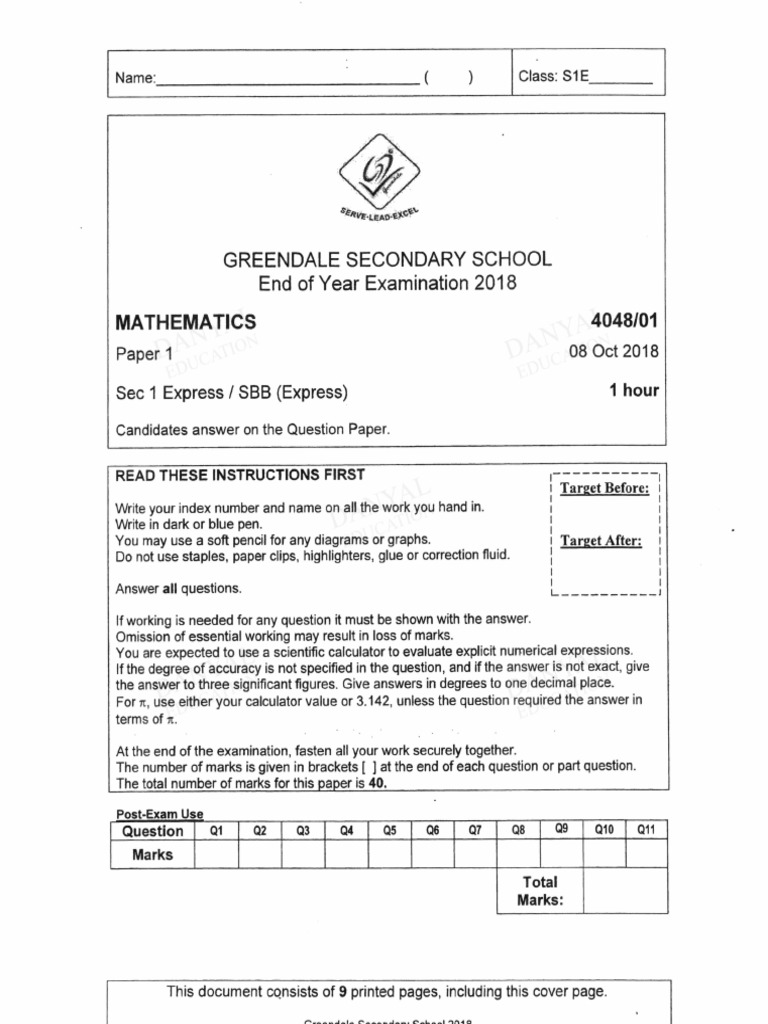 Sec 1 Math Greendale Sec SA2 2018i | PDF | Area | Significant Figures