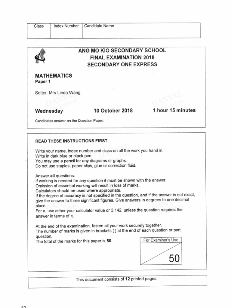 Sec 1 Math Exam Paper 2018 | PDF | Area | Significant Figures