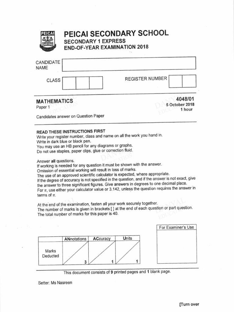 2018 Peigai Secondary School Math Exam | PDF | Area | Mathematics