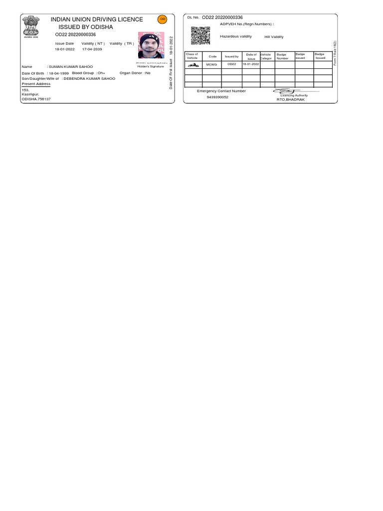 Indian Union Driving Licence Issued by Odisha | PDF | Land Transport ...