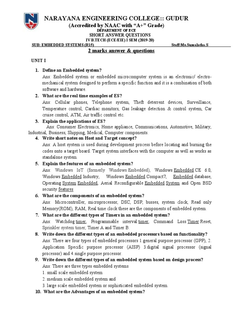 ES - 2 Marks Questions-1 | PDF | Microcontroller | Embedded System