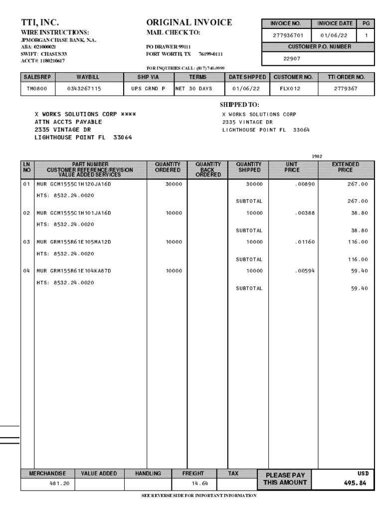 Original Invoice Tti, Inc.: Wire Instructions: Mail Check To | Download ...
