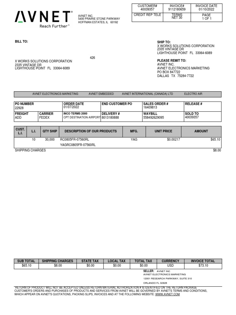 Inco Terms 2000: Avnet Inc Avnet Electronics Marketing 12001 Research ...