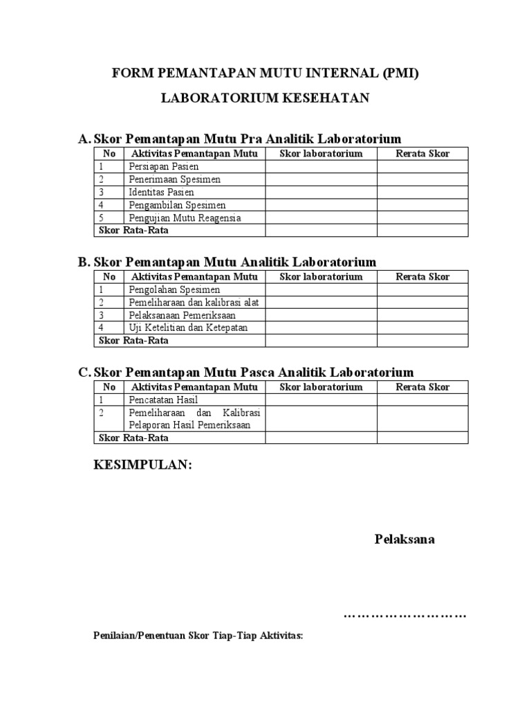 Form Pemantapan Mutu Internal (Pmi) Laboratorium Kesehatan A. Skor ...