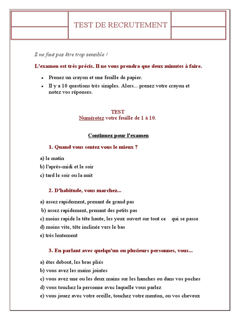 Test de Recrutement: Évaluation Personnelle | PDF | Développement personnel