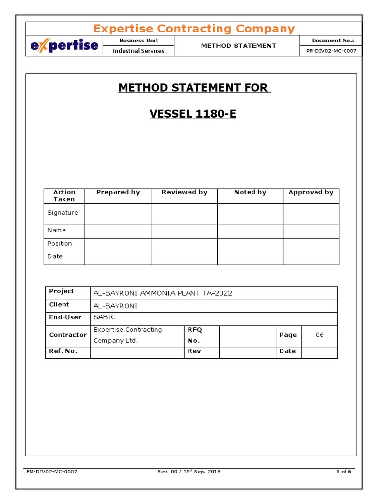 Method Statement For VESSEL 1180-E: Expertise Contracting Company | PDF