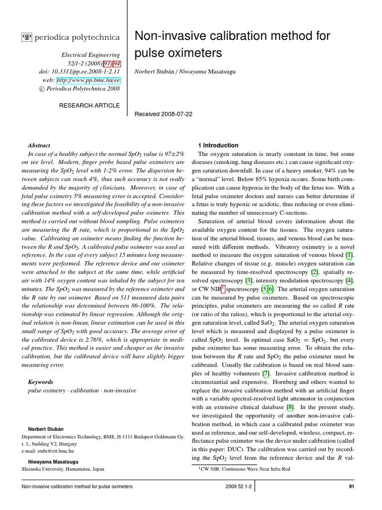 Non-Invasive Calibration Method For Pulse Oximeters: Ŕ Periodica ...