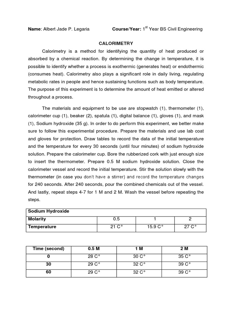 Calorimetry Experiment Procedure Report | PDF | Heat | Temperature