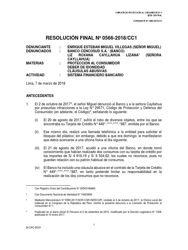 RESOLUCIÓN FINAL #0566-2018/CC1: Comisión de Protección Al Consumidor #1 Sede Central EXPEDIENTE ...