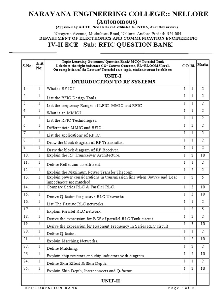 Narayana Engineering College:: Nellore: (Autonomous) Iv-Ii Ece Sub: Rfic Question Bank | PDF ...