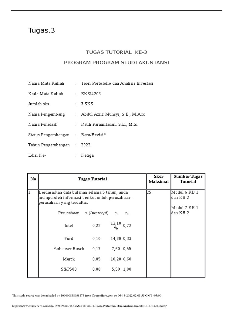 TUGAS TUTON 3 Teori Portofolio Dan Analisis Investasi EKSI4203 | PDF | Bisnis | Pengelolaan ...